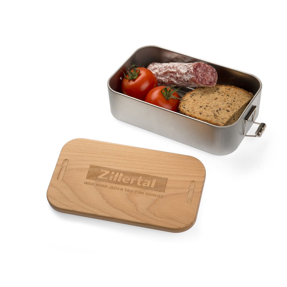 XXL Brotzeitbox aus Metall und Buchenholz mit Gravur als praktischer ...